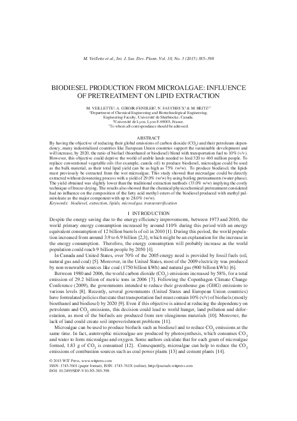 (PDF) Biodiesel production from microalgae: influence of pretreatment on lipid extraction
