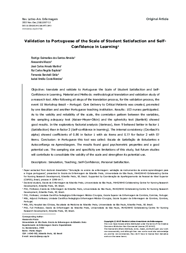 (PDF) Validation to Portuguese of the Scale of Student Satisfaction and Self-Confidence in Learning