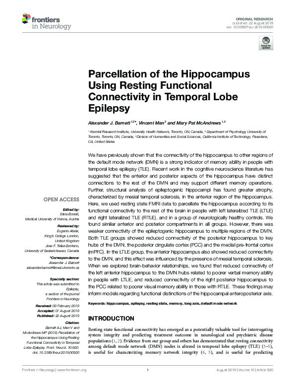 (PDF) Parcellation of the Hippocampus Using Resting Functional ...