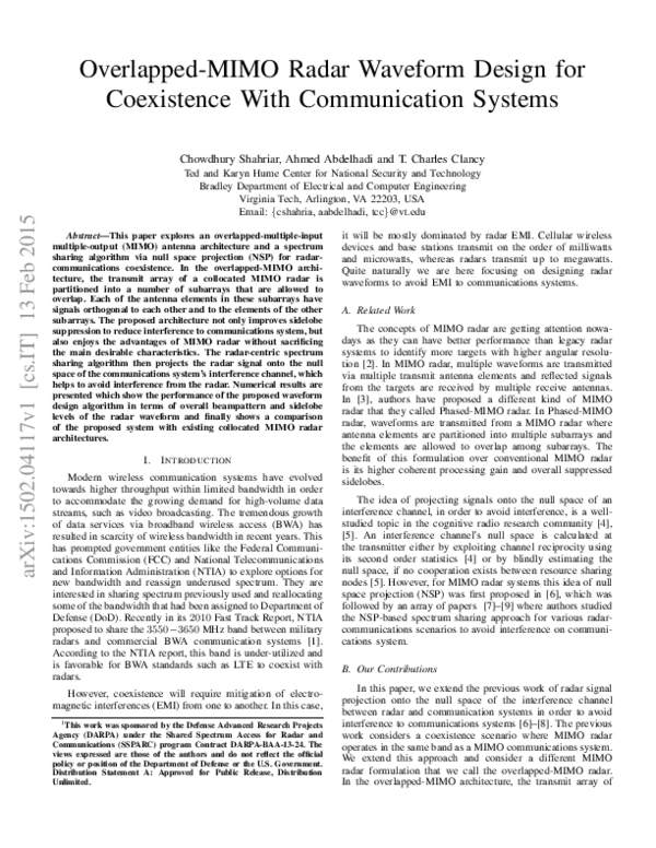 (PDF) Overlapped-MIMO radar waveform design for coexistence with communication systems ...