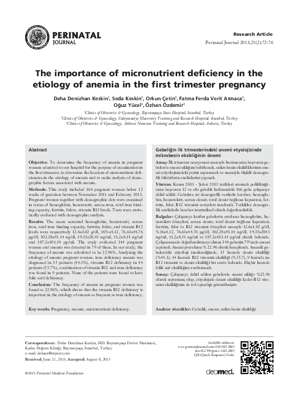 (PDF) Gebeliğin İlk Trimesterindeki Anemi Etyolojisinde Mikrobesin Eksikliğinin Önemi