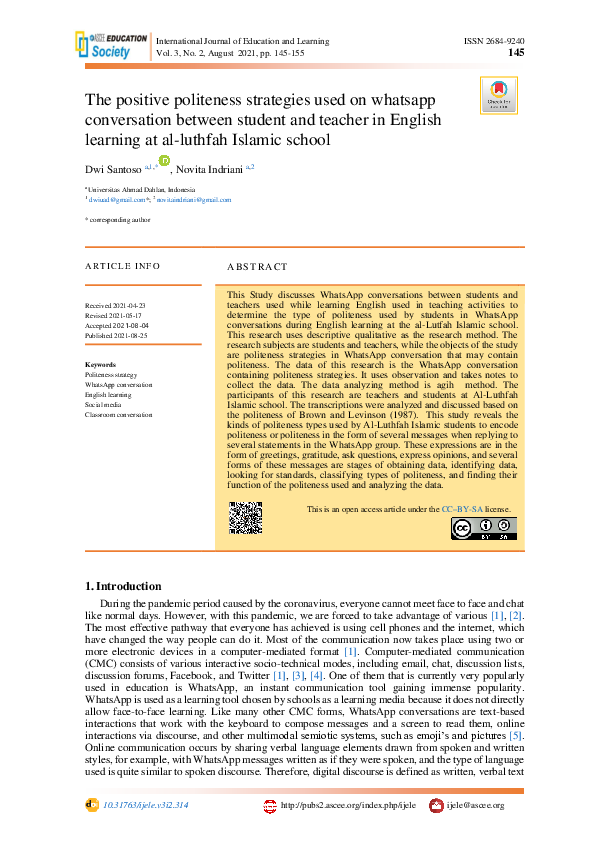 (PDF) The positive politeness strategies used on whatsapp conversation ...