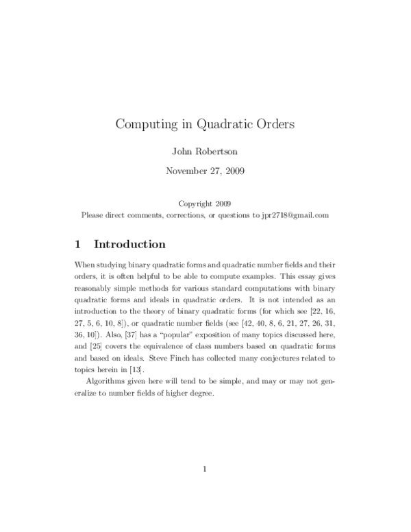(PDF) Computing in Quadratic Orders
