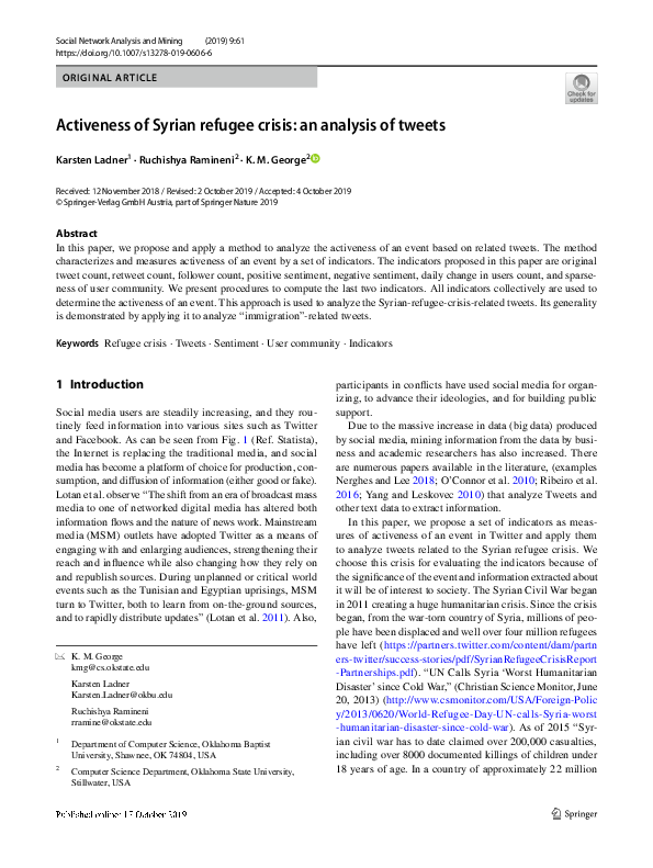 (PDF) Activeness of Syrian refugee crisis: an analysis of tweets