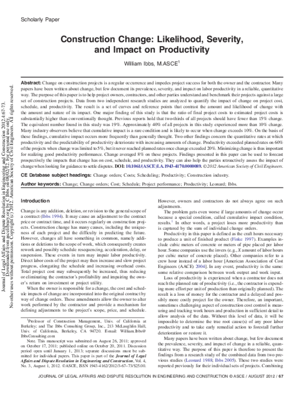 (PDF) Construction Change: Likelihood, Severity, and Impact on Productivity