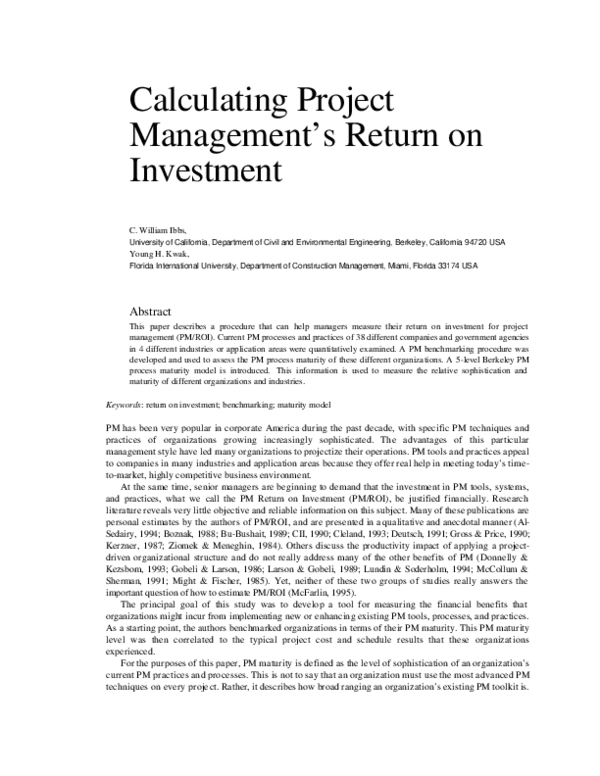 (PDF) Calculating Project Management's Return on Investment