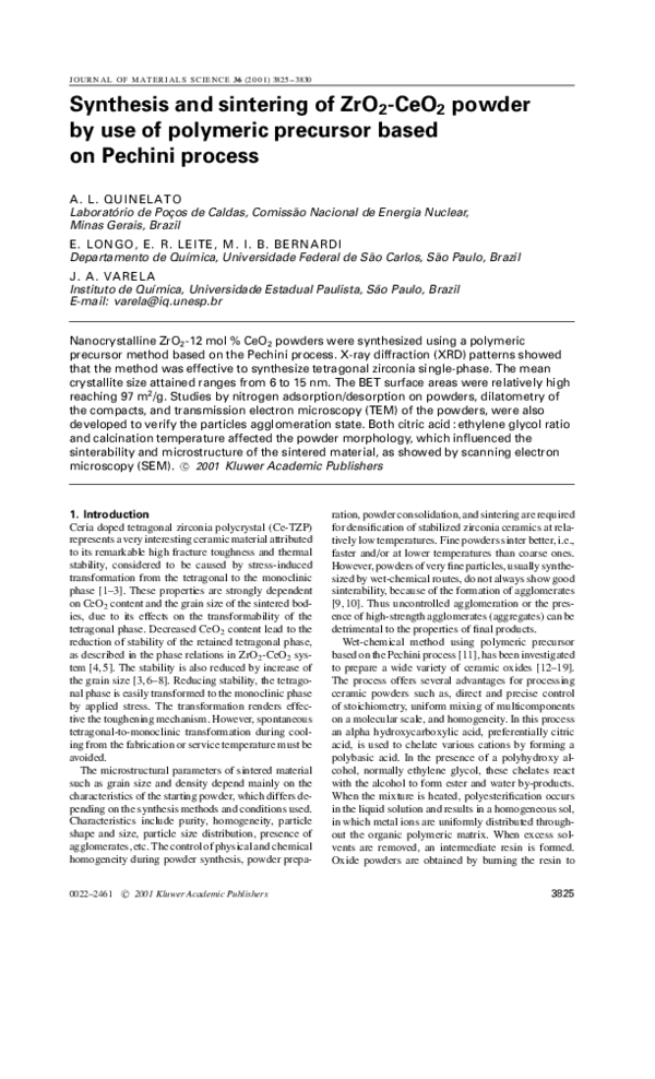 (PDF) Synthesis and sintering of ZrO2-CeO2 powder by use of polymeric ...
