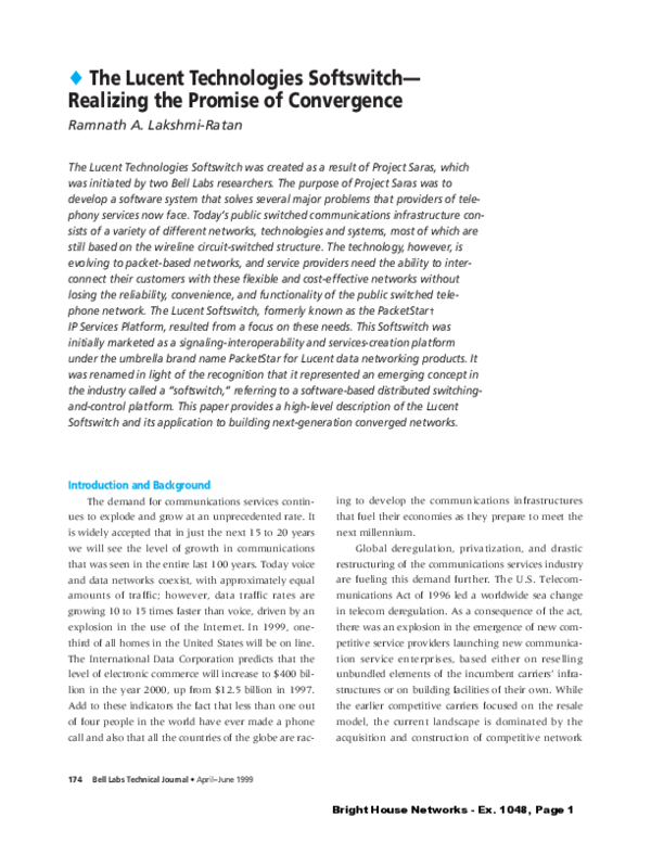 (PDF) The Lucent Technologies Softswitch-Realizing the promise of convergence