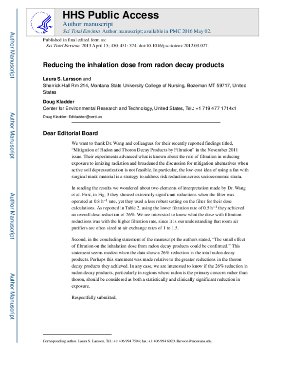 (PDF) Reducing the inhalation dose from radon decay products