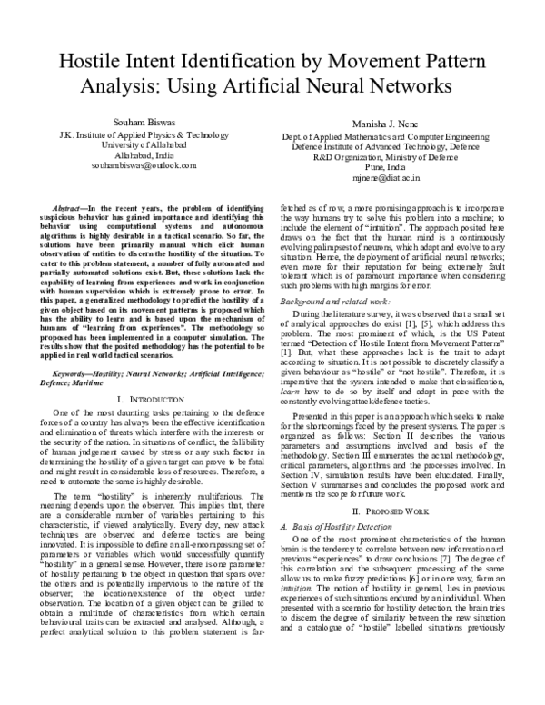 (PDF) Hostile intent identification by movement pattern analysis: Using artificial neural networks