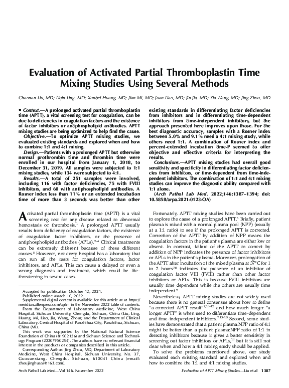 (PDF) Evaluation of the Activated Partial Thrombo-plastin Time (APTT ...