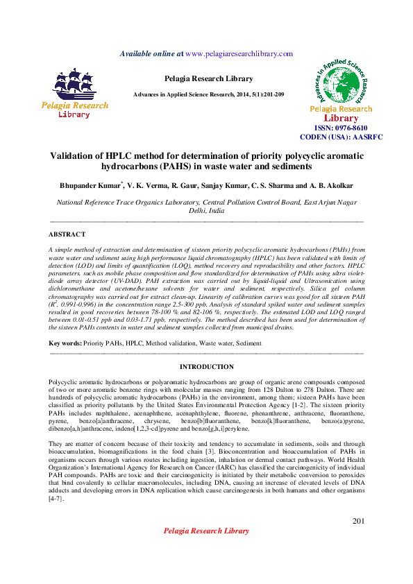 (PDF) Validation of HPLC method for determination of priority polycyclic aromatichydrocarbons ...