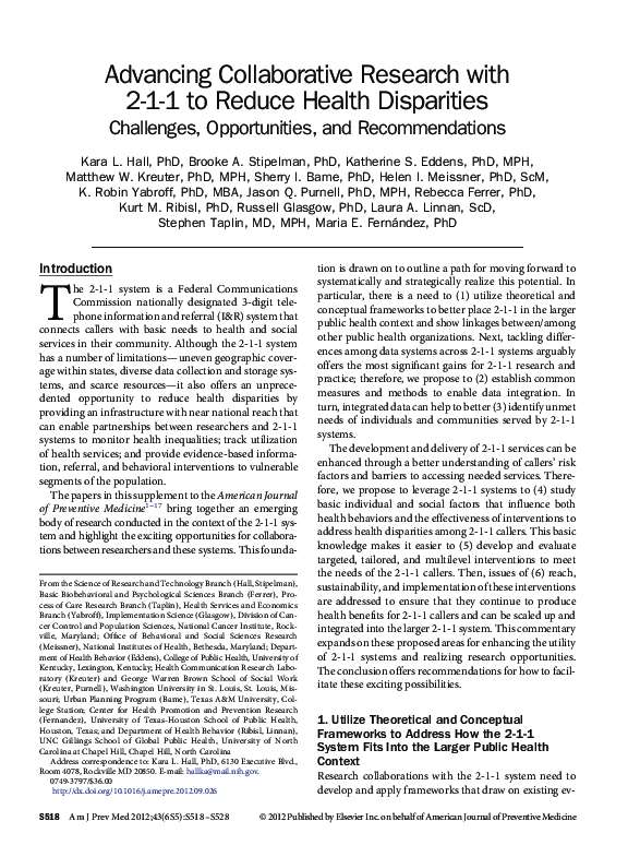 (PDF) Advancing Collaborative Research with 2-1-1 to Reduce Health Disparities