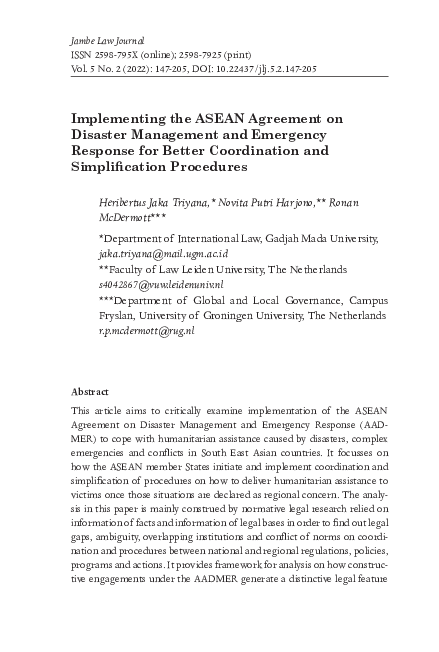 (PDF) Implementing the ASEAN Agreement on Disaster Management and ...