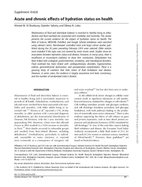 (PDF) Acute and chronic effects of hydration status on health