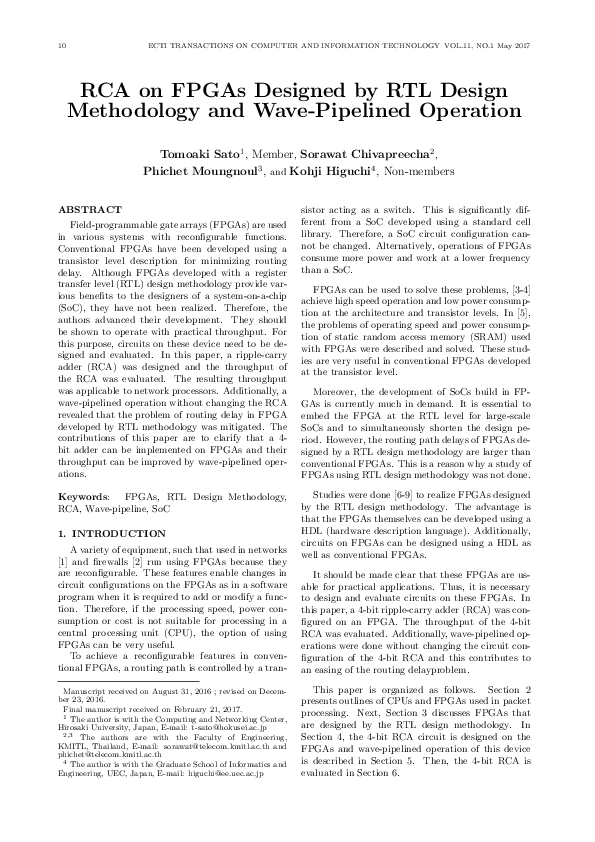(PDF) RCA on FPGAs Designed by RTL Design Methodology and Wave-Pipelined Operation