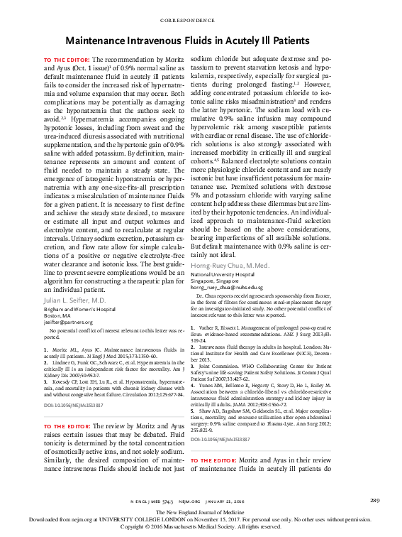 (PDF) Maintenance Intravenous Fluids in Acutely Ill Patients | Michael ...