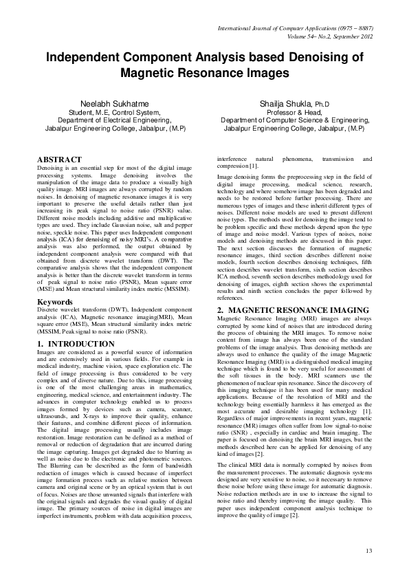 (PDF) Independent Component Analysis based Denoising of Magnetic Resonance Images