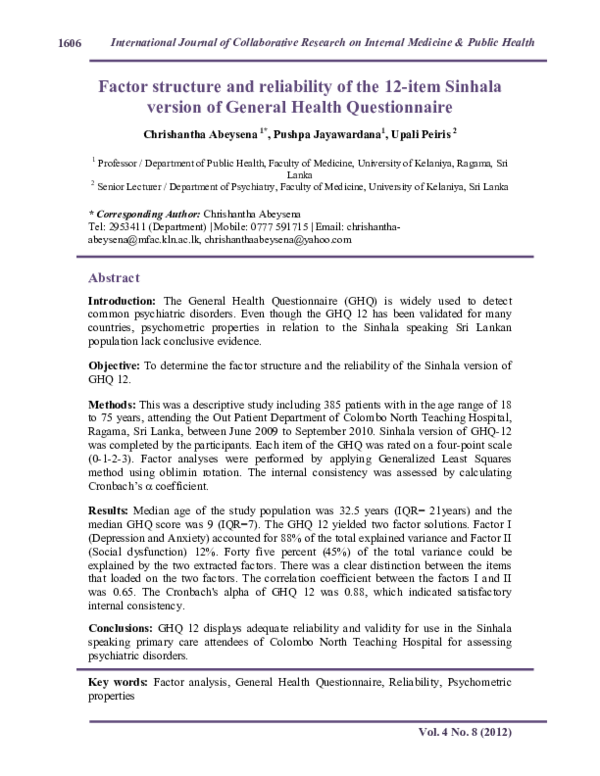 (PDF) Reliability of Sinhala GHQ 12 Factor Structure