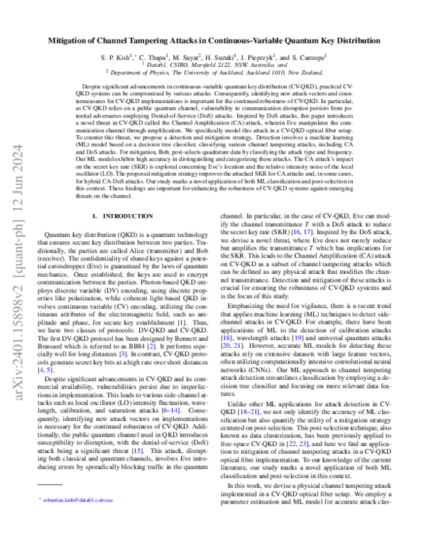(PDF) Mitigation of Channel Tampering Attacks in Continuous-Variable Quantum Key Distribution