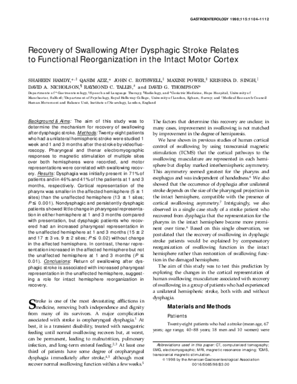 (PDF) Recovery of swallowing after dysphagic stroke relates to ...