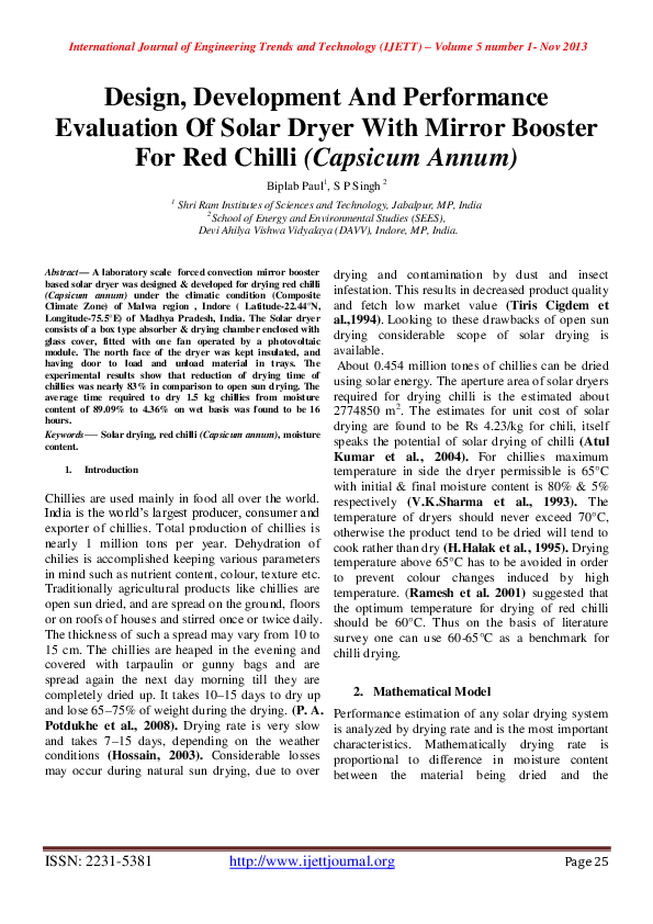 Design, Development And Performance Evaluation Of Solar Dryer With Mirror Booster