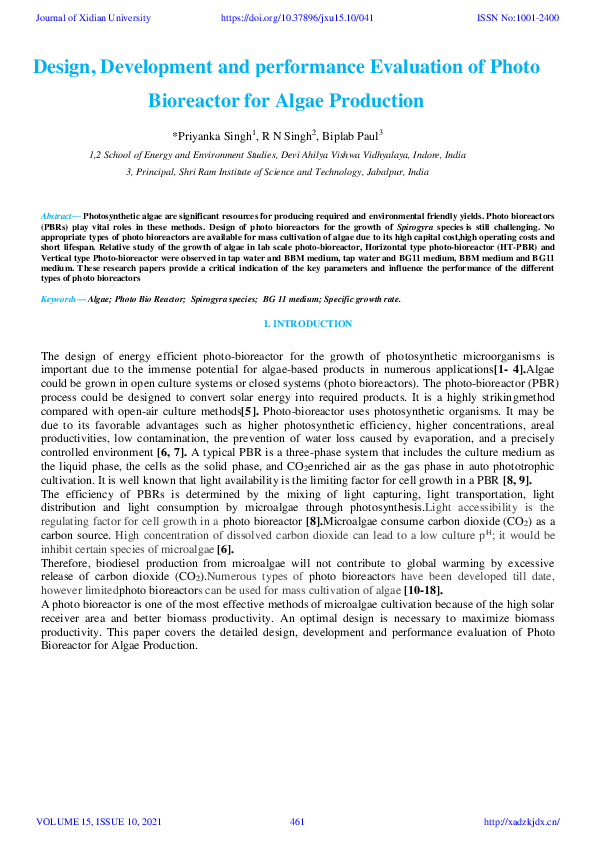 (PDF) Design, Development and performance Evaluation of Photo Bioreactor for Algae Production