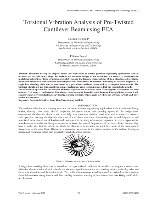 (PDF) Torsional Vibration Analysis of Pre-Twist Cantilever Beam Using FEM