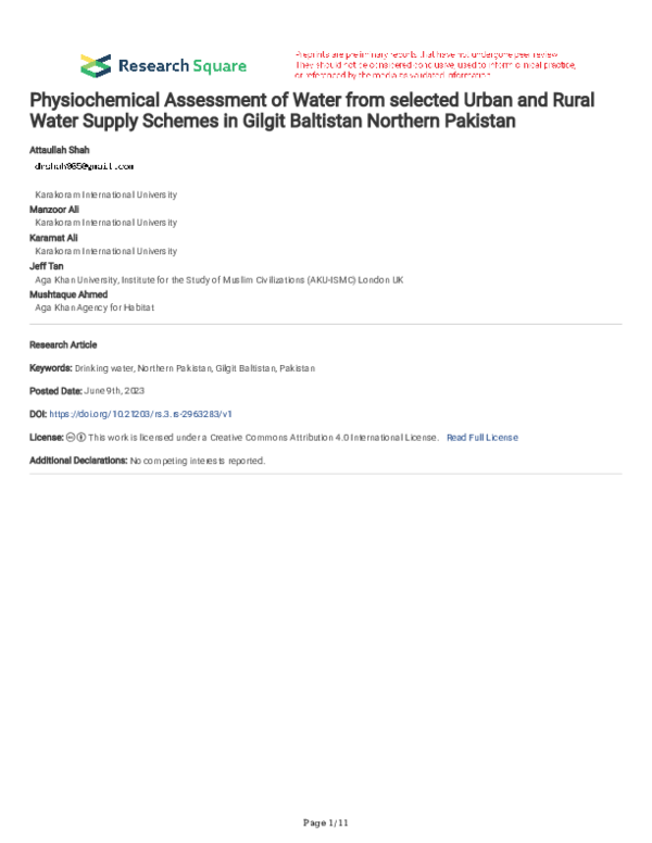 (PDF) Physiochemical Assessment of Water from selected Urban and Rural ...