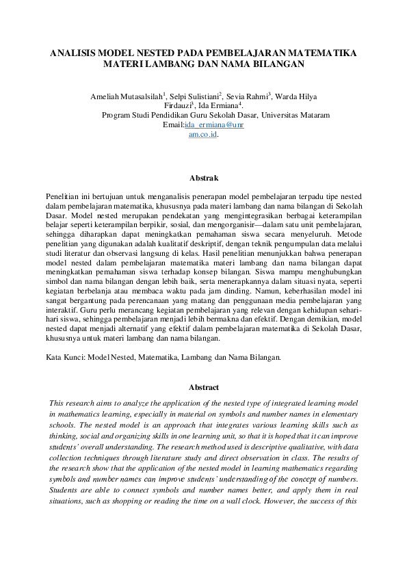 (PDF) ANALISIS MODEL NESTED PADA PEMBELAJARAN MATEMATIKA MATERI LAMBANG DAN NAMA BILANGAN
