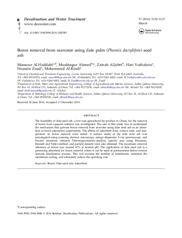 (PDF) Boron removal from seawater using date palm (Phoenix dactylifera ...
