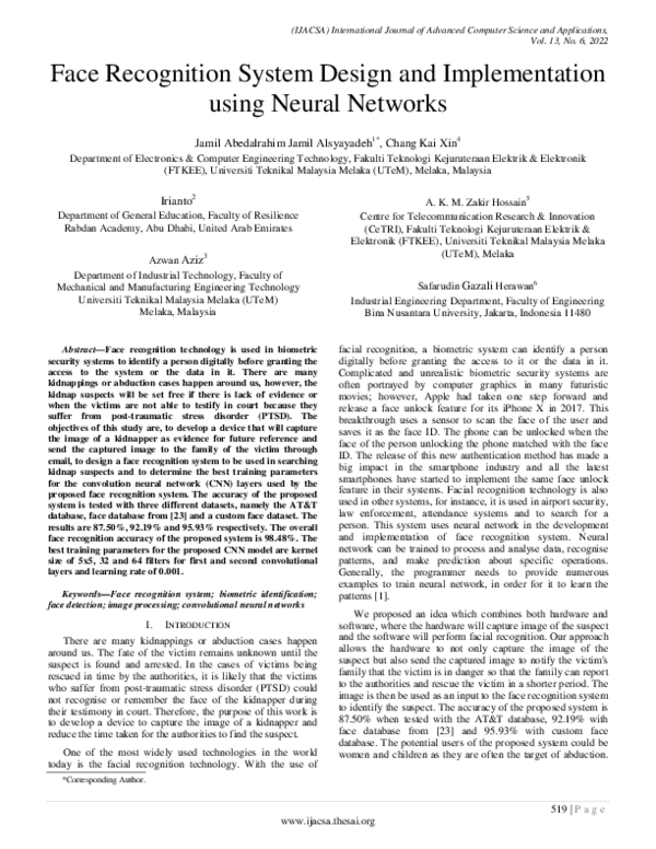 Pdf Face Recognition System Design And Implementation Using Neural Networks