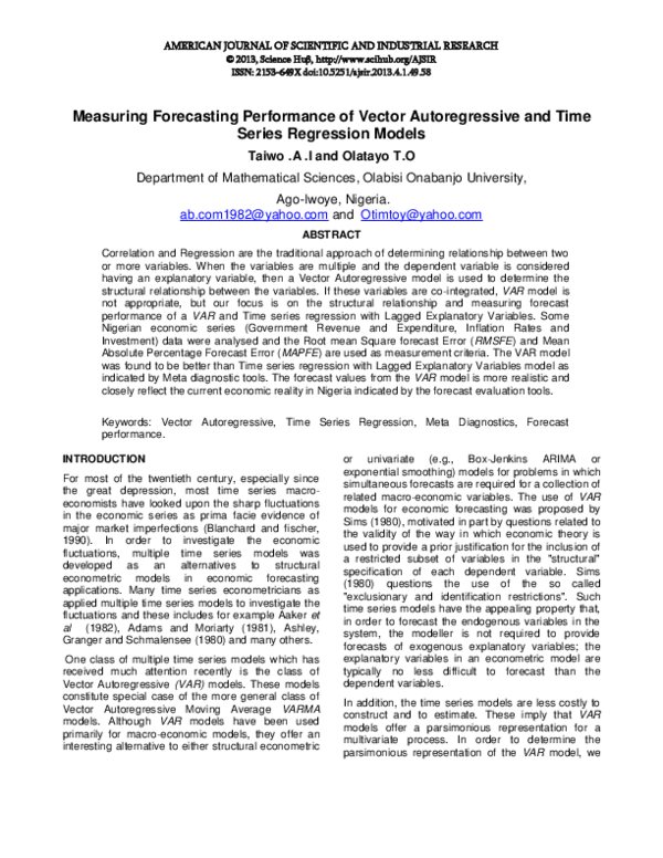 (PDF) Measuring forecasting performance of vector autoregressive and time series regression models