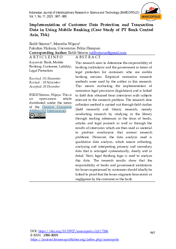 (PDF) Implementation of Customer Data Protection and Transaction Data in Using Mobile Banking ...