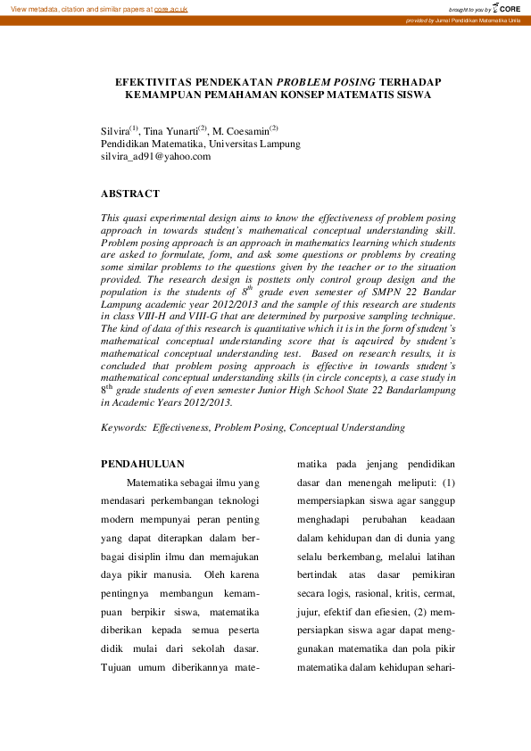 (PDF) Efektivitas Pendekatan Problem Posing Terhadap Kemampuan Pemahaman Konsep Matematis Siswa