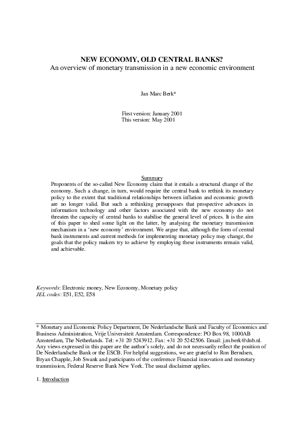(PDF) New Economy, Old Central Banks? An overview of monetary ...