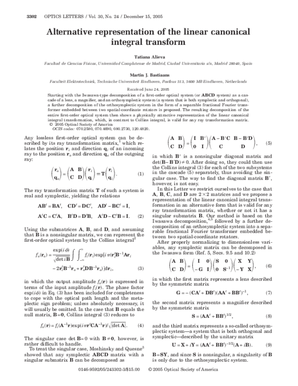 (PDF) Alternative representation of the linear canonical integral transform