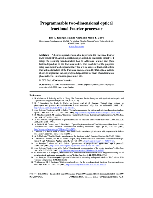 (PDF) Programmable two-dimensional optical fractional Fourier processor