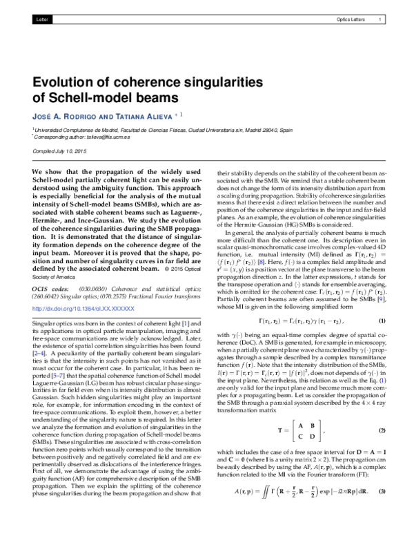 (PDF) Evolution of coherence singularities of Schell-model beams