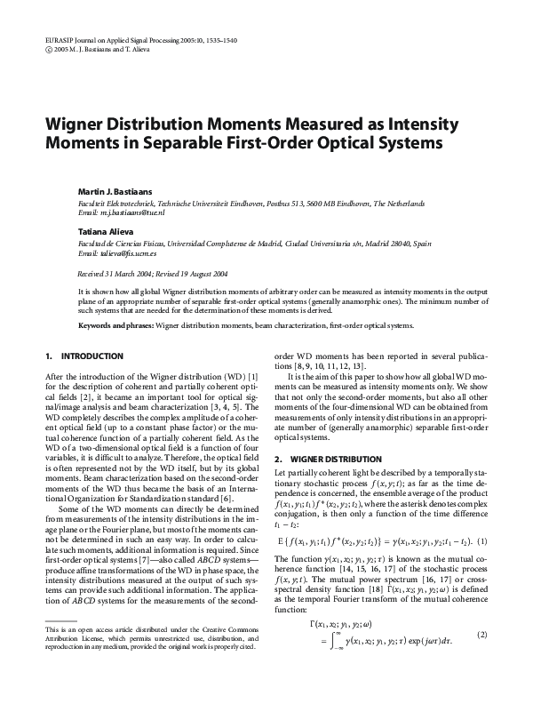 (PDF) Wigner Distribution Moments Measured as Intensity Moments in Separable First-Order Optical ...