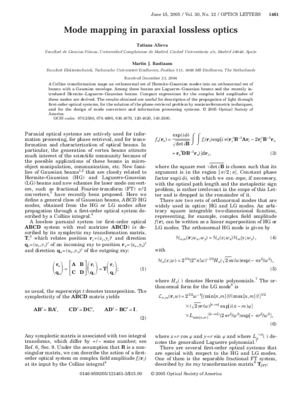 (PDF) Mode mapping in paraxial lossless optics