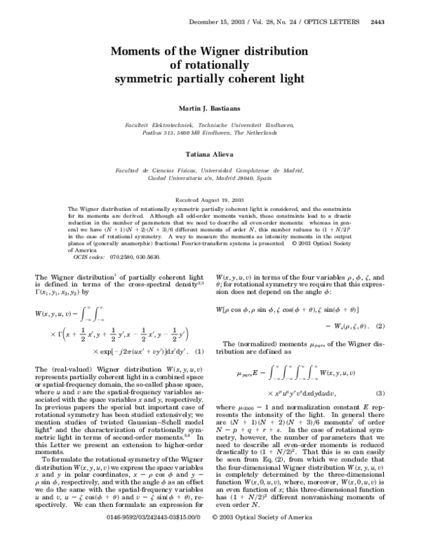 Pdf Moments Of The Wigner Distribution Of Rotationally Symmetric