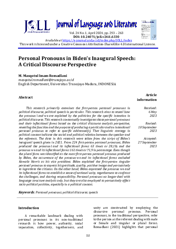 (PDF) Personal Pronouns in Biden’s Inaugural Speech: A Critical ...