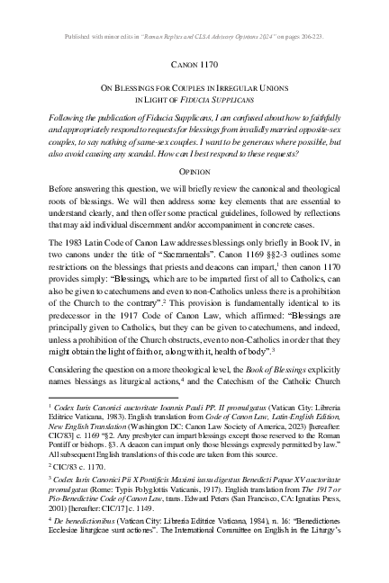 (PDF) CLSA 2024 Advisory Opinion: On Blessings for Couples in Irregular ...