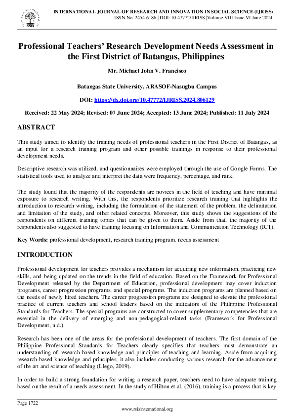 (PDF) Professional Teachers' Research Development Needs Assessment in ...