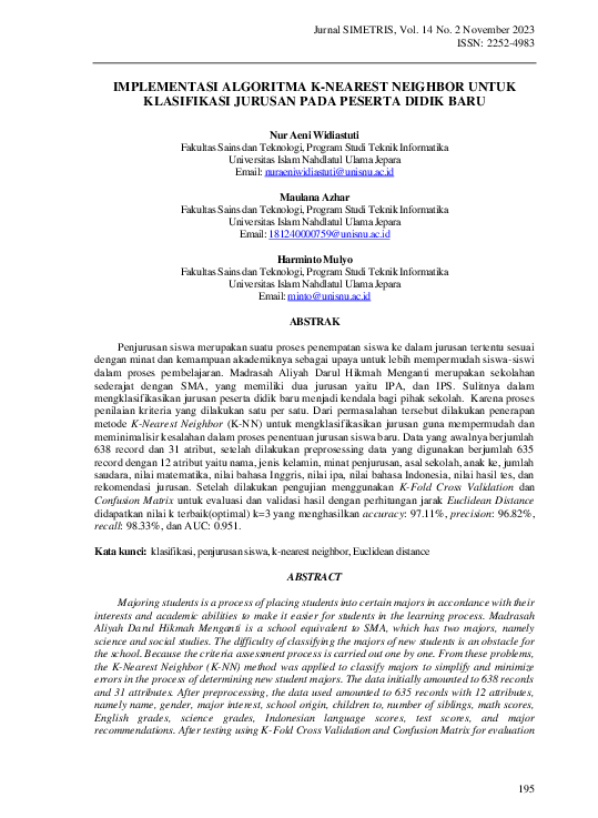 (PDF) Implementasi Algoritma K-Nearest Neighbor untuk Klasifikasi Jurusan pada Peserta Didik Baru