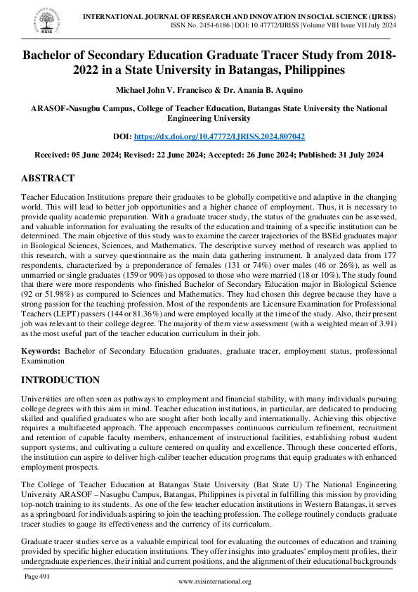 (PDF) Bachelor of Secondary Education Graduate Tracer Study from 2018 ...