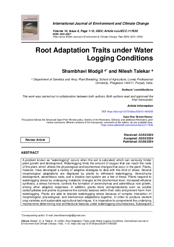 (PDF) Root Adaptation Traits under Water Logging Conditions
