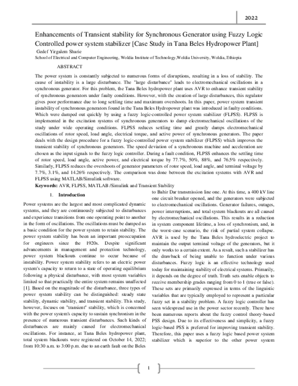 (PDF) Enhancements of Transient stability for Synchronous Generator using Fuzzy Logic Controlled ...
