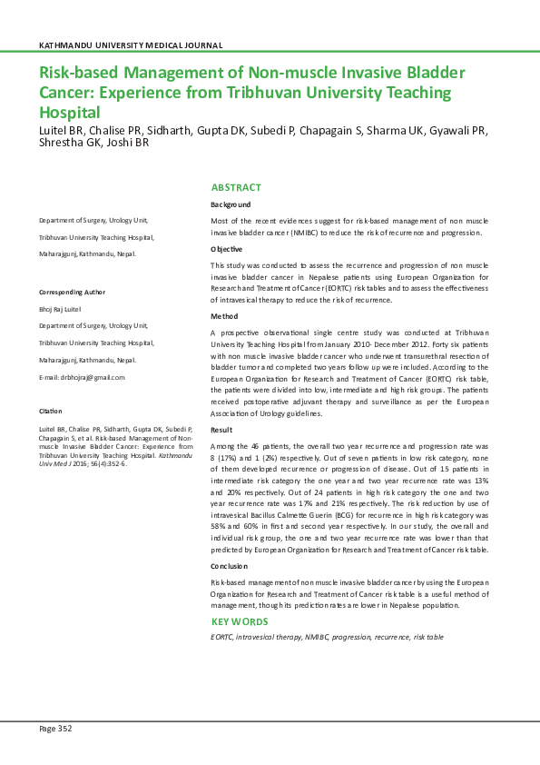 (PDF) Risk-based Management of Non-muscle Invasive Bladder Cancer: Experience from Tribhuvan ...